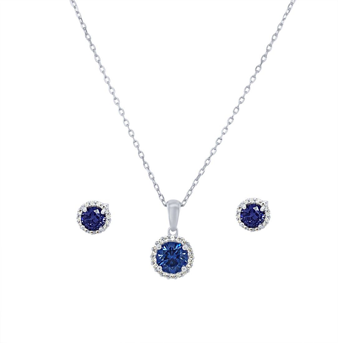 Blue Cubic Zirconia Halo Necklace Earrings Jewellery Set