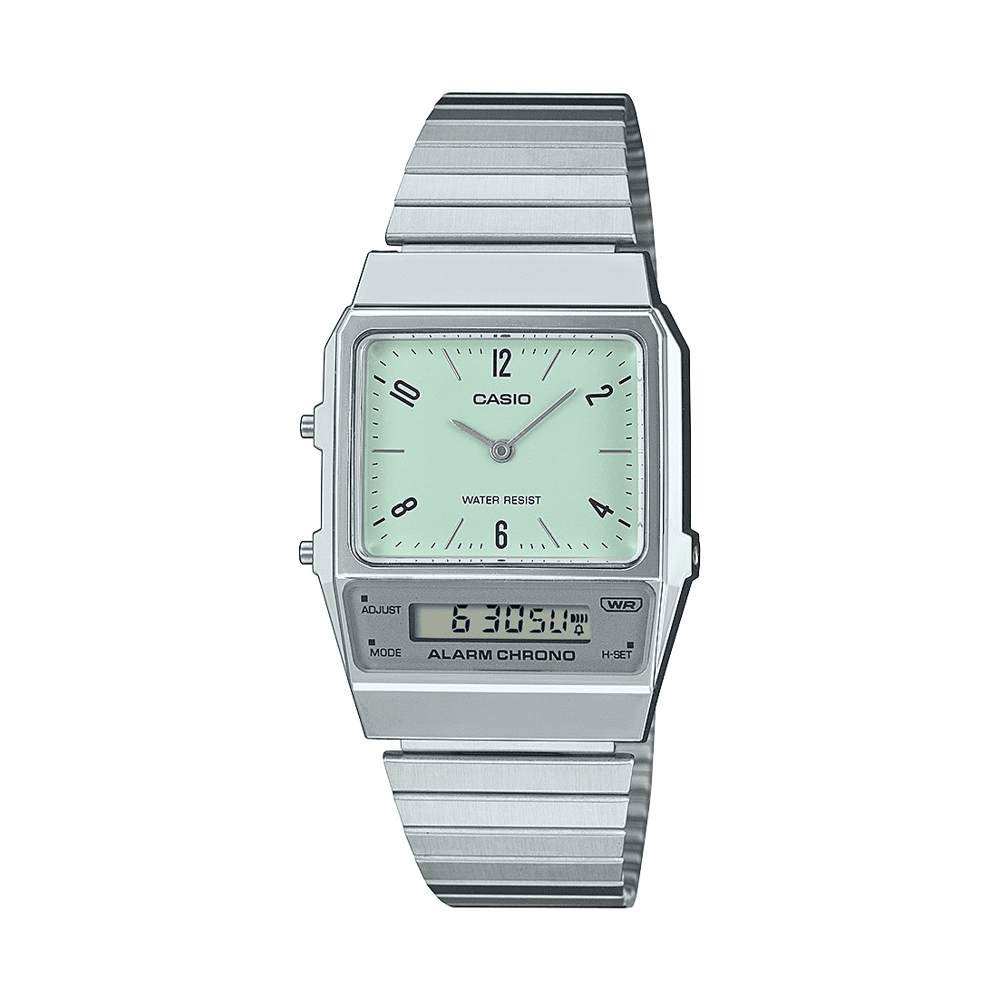 Casio Duo Retro Colour Dual Time Alarm StopwatchGreen Face Stainless ...