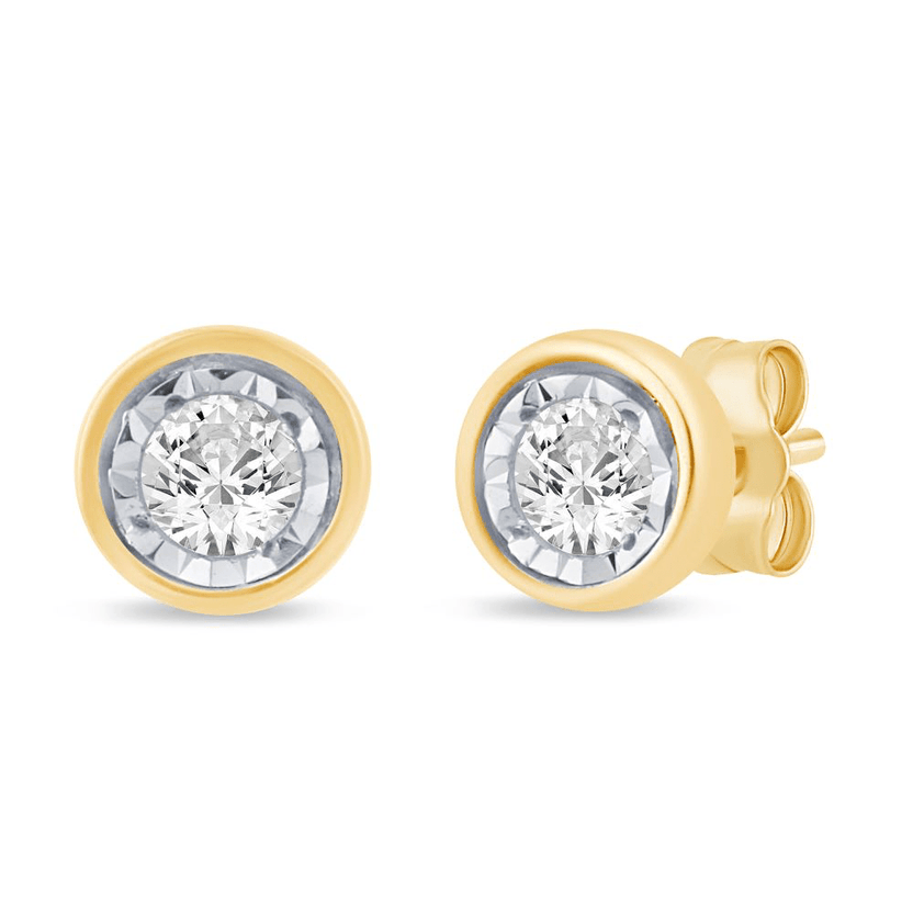 Diamond Set Solitaire Bezel Stud Earrings in 9kt Yellow Gold