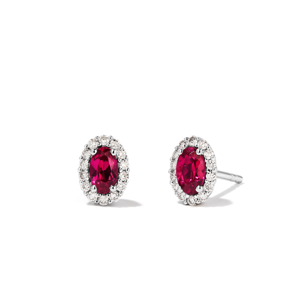 Oval Created Ruby Halo Stud Earrings with 0.14tw of Laboratory-Grown D