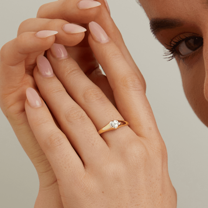 Cubic Zirconia Heart Signet Ring in 18kt Gold Plated Sterling Silver ...