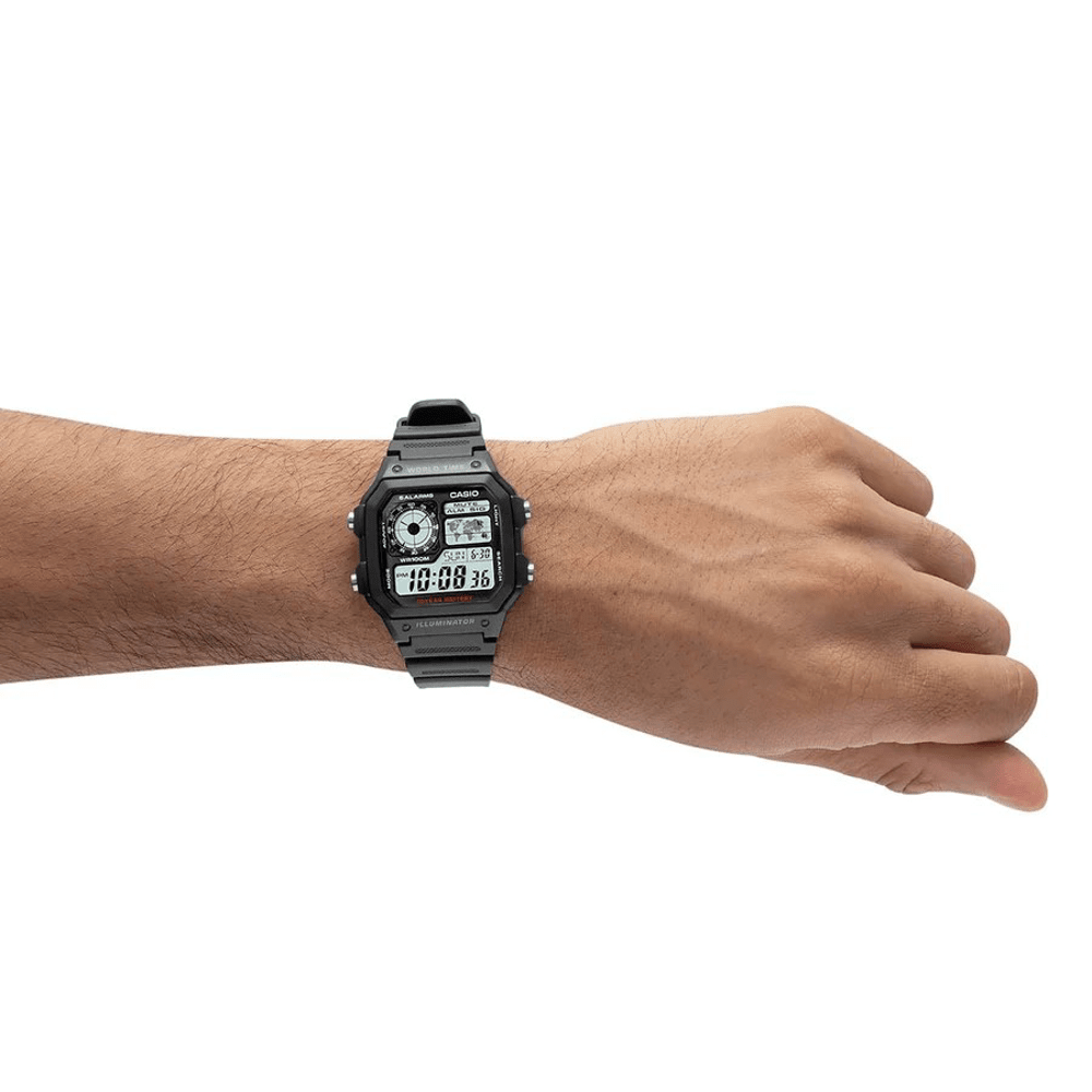 Casio Black Digital World Time Watch AE1200WH-1A – Bevilles Jewellers