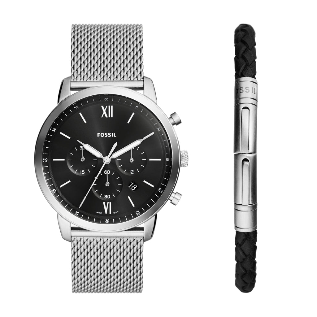 Fossil Neutra Chronograph Stainless Steel Mesh Watch and Bracelet Box ...