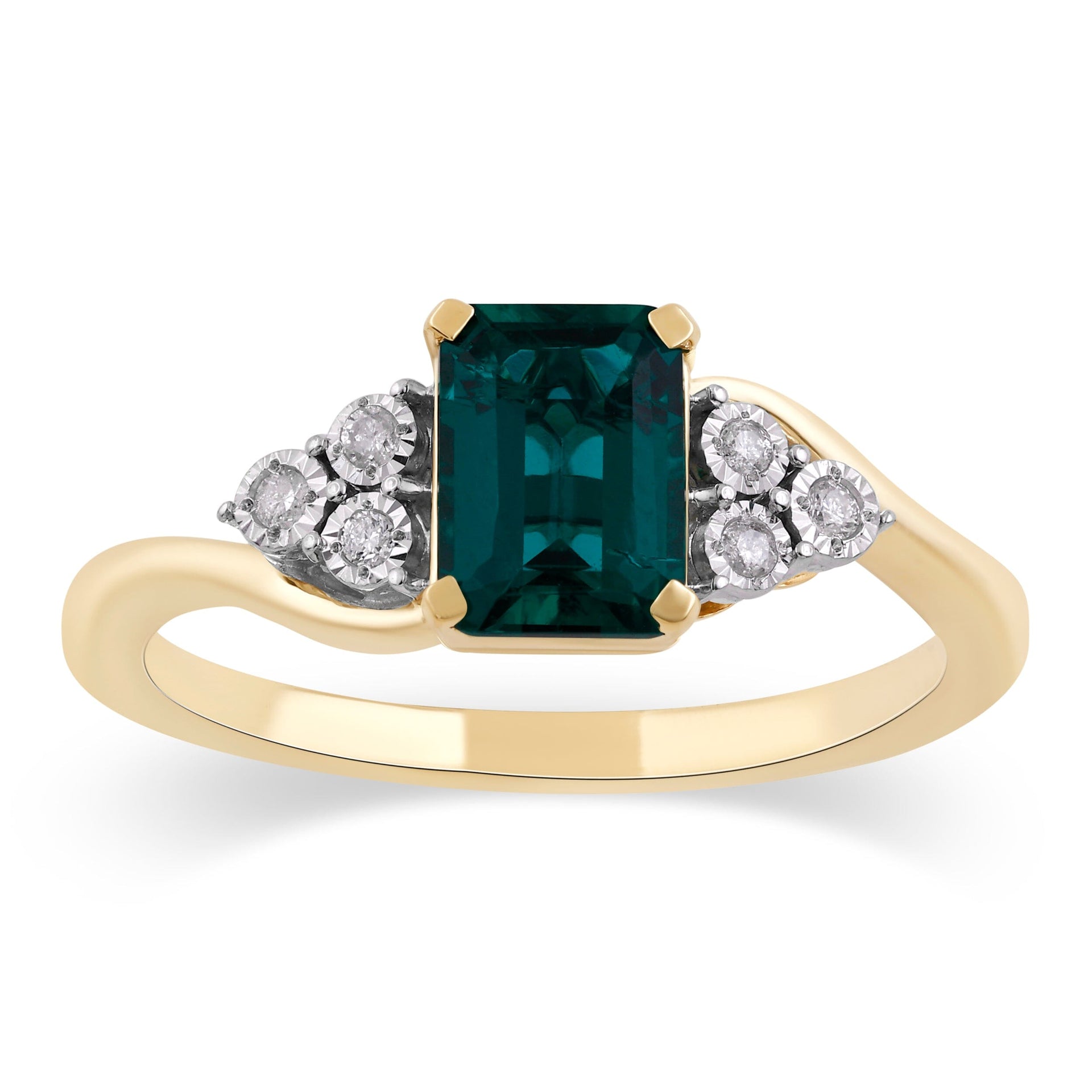 Emerald Cut Created Emerald Ring with 0.05ct of Diamonds in 9kt Yellow Gold