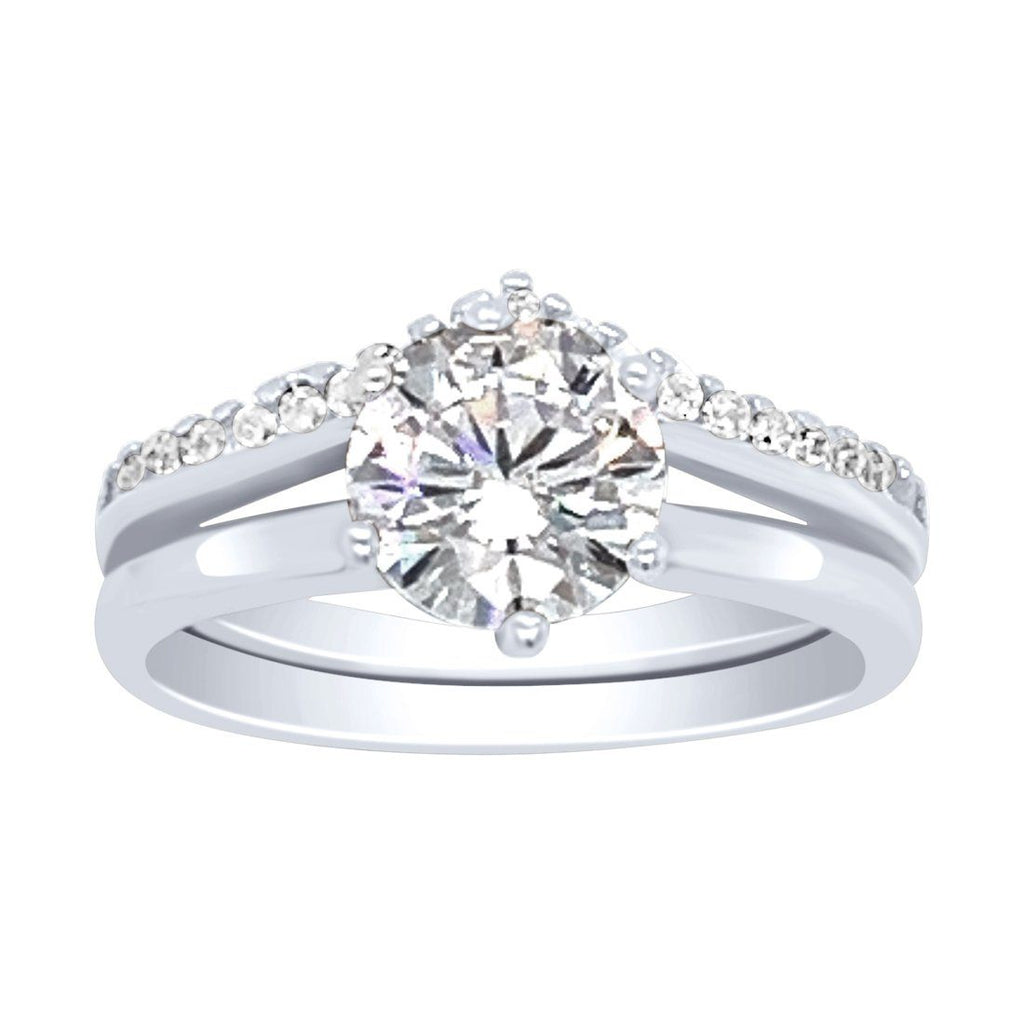 Sterling Silver and Cubic Zirconia Solitaire with Studded V Shaped Band ...