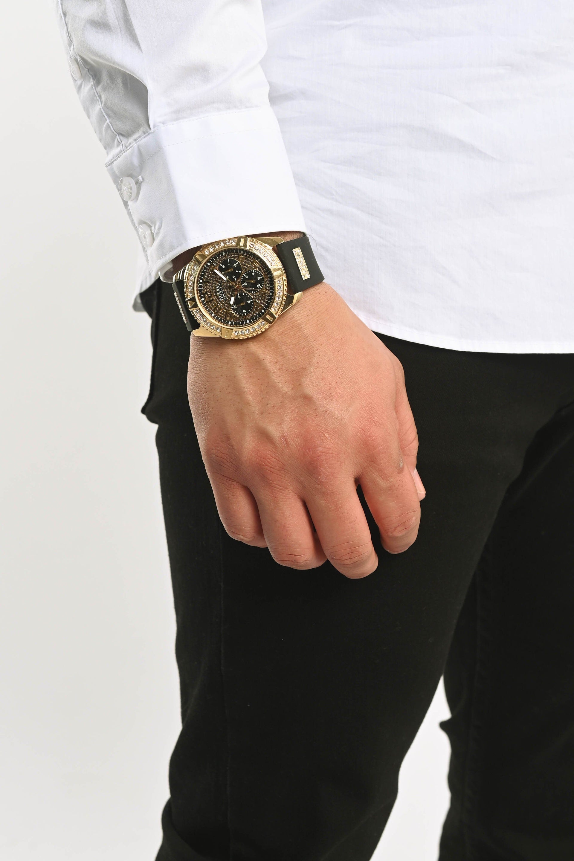 Guess Frontier Crystal Gold & Black Silicone Men's Watch W1132G1